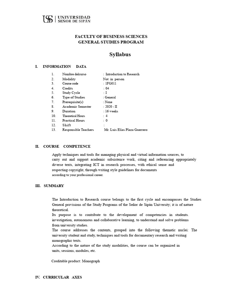 1.syllabus Introduction To Research 2020-2 | PDF | Methodology | Learning