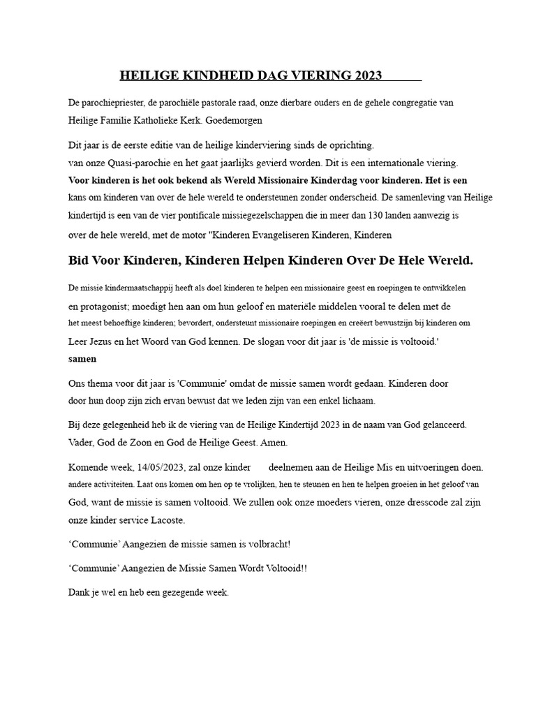 Heilige Kindheid Dag Viering 2023 | PDF