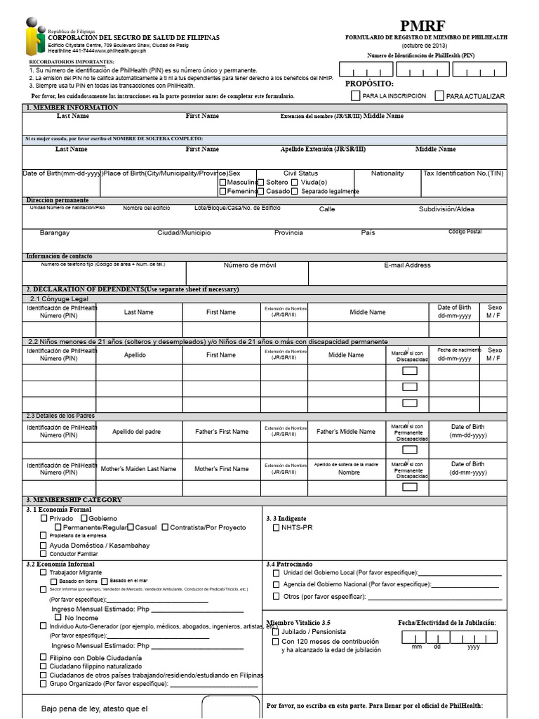Formulario de Registro de Miembros de PhilHealth (PMRF) | PDF