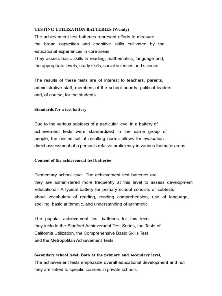 Achievement Testing Batteries (Wendy) | PDF