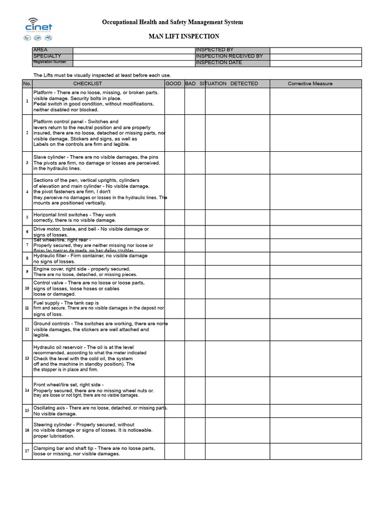 Man Lift and Hook Inspection Checklist | PDF | Elevator | Mechanical ...