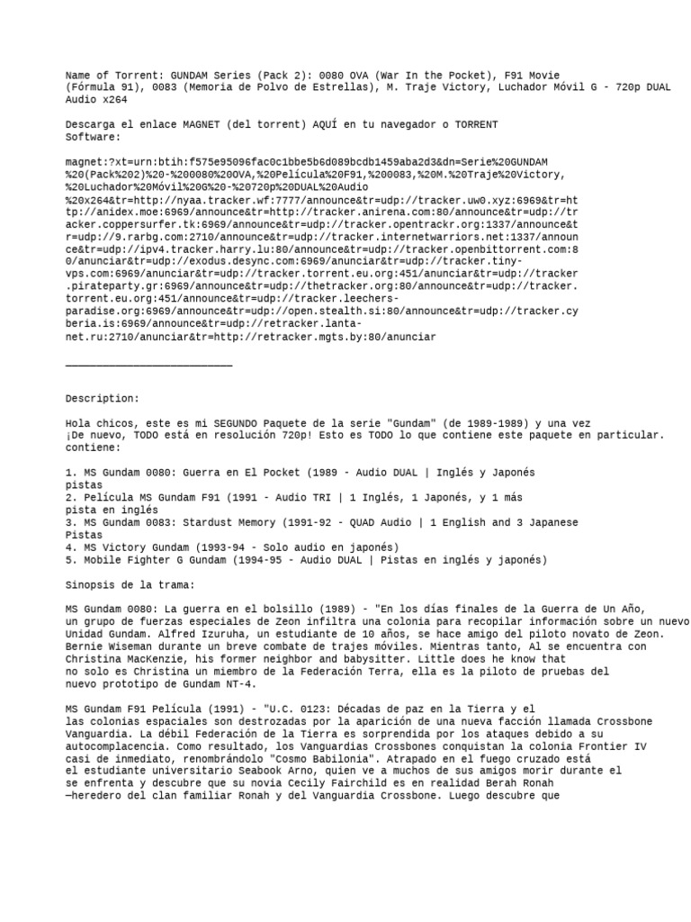 Serie GUNDAM (Paquete 2) - 0080 OVA, Película F91, 0083, M. Suit Victory, Luchador Móvil G ...