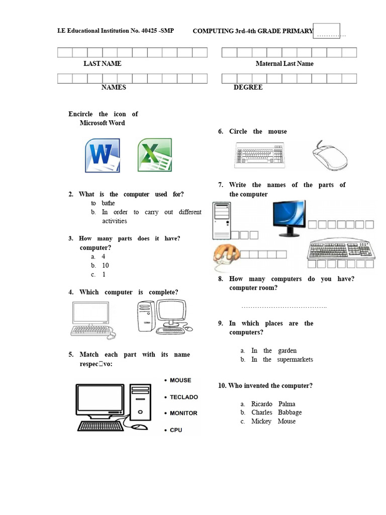 Basic Computer Exam For 3rd To 4th Grade | PDF | Software | Computing