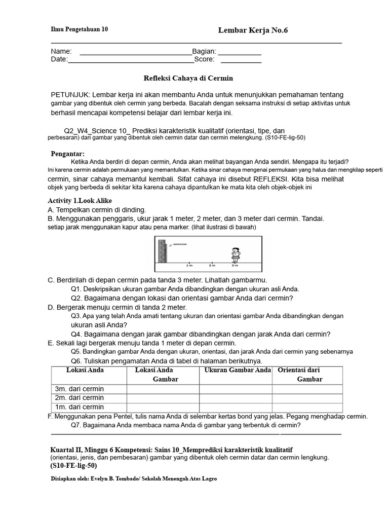 SCIENCE10 - Q2 - Lembar Kerja-No-6 - Pantulan Cahaya Di Cermin | PDF