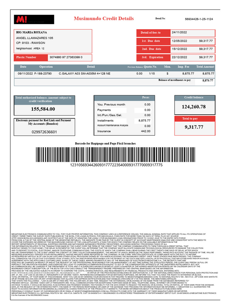 Musimundo Credit Details: Date Operation Detail Quota No. Mon. Imp. Fee ...