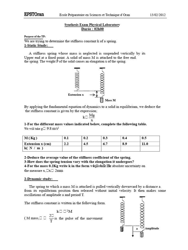 Spring Stiffness Constant Experiment | PDF | Oscillation | Mass