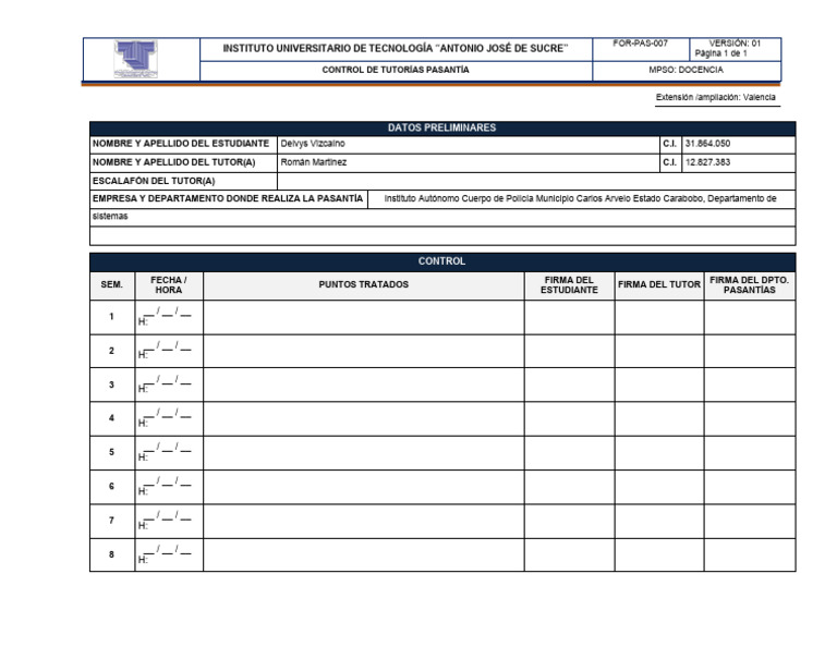 Form-007 Control de Tutorías 1 | PDF