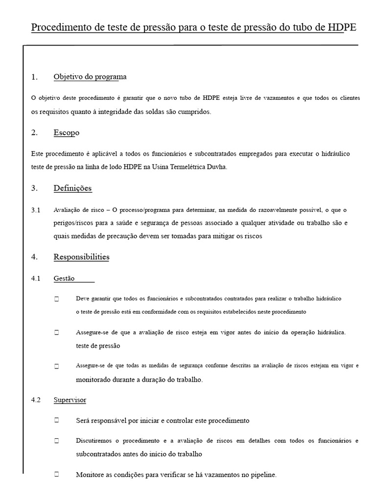 Procedimento De Teste De Pressão Pdf Pressão Válvula