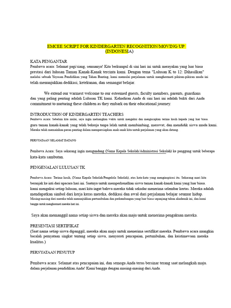 NASKAH MC UNTUK PENGHARGAAN TK | PDF