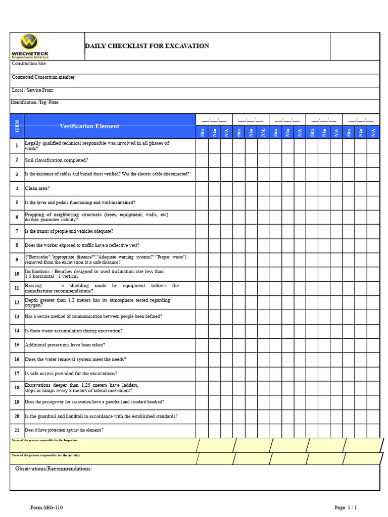 Excavation Daily Safety Checklist | PDF