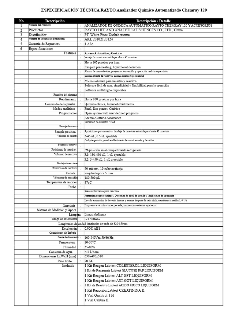 Especificaciones Chemray 120 | PDF