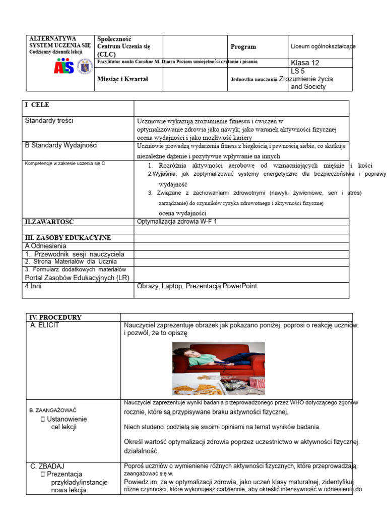 ALS-SHS-DLL Wychowanie Fizyczne 1 | PDF