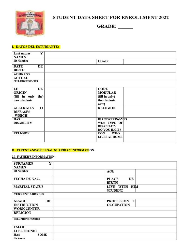 Student Data Sheet For Enrollment 2022 | PDF
