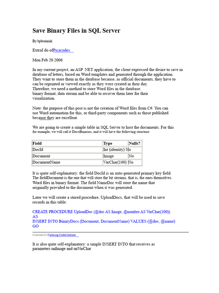 Store Word Files in SQL Server | PDF | Microsoft Sql Server | Computer File