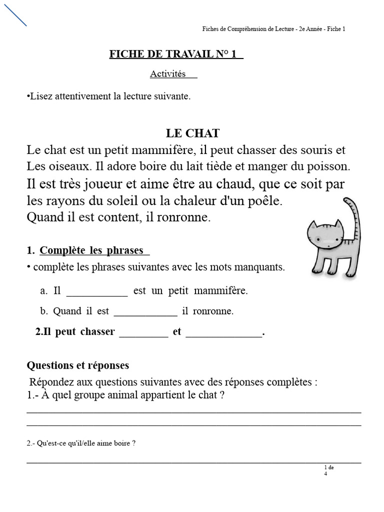 Fiches de Compréhension de Lecture 2e Année | PDF | Chats | Zoologie