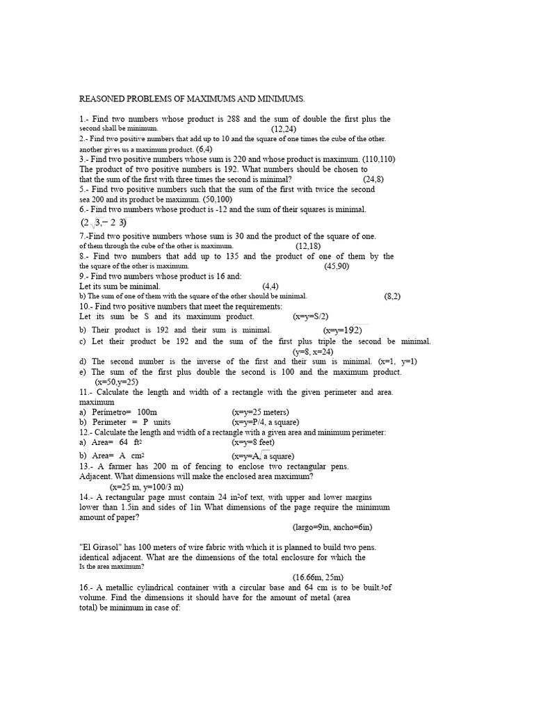 Maximum And Minimum Problems Pdf Area Length
