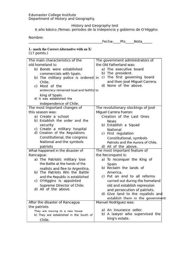 History and Geography Test: Chile's Independence | PDF | Chile