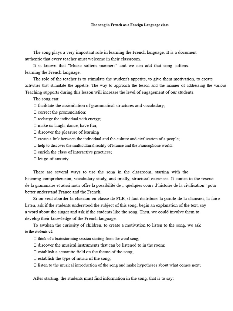 The Song in French as a Foreign Language Class | PDF | French Language ...