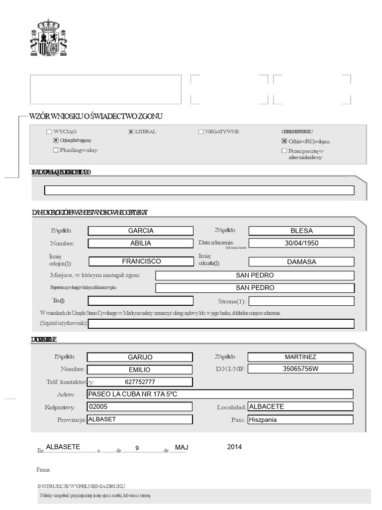 Wzór Wniosku o Wydanie Aktu Zgonu | PDF