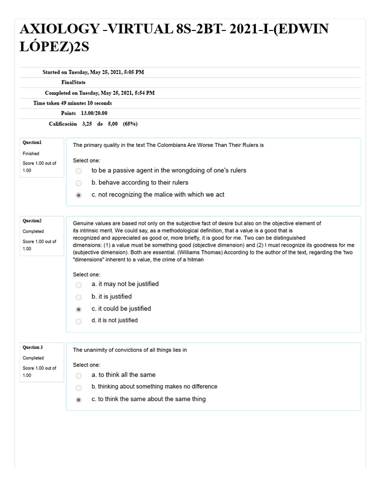 AXIOLOGY FINAL EXAM University of La Gran Colombia | PDF | Value ...