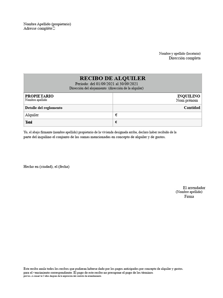 Recibo de Alquiler: Formato y Detalles | PDF