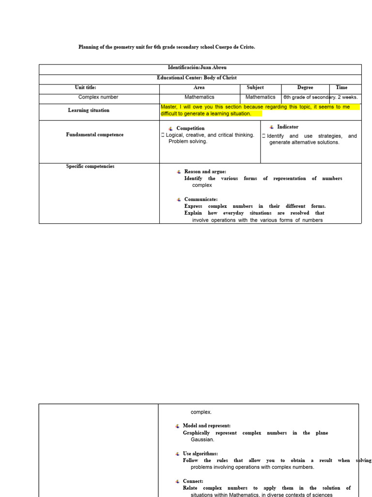 6th Grade Planning | PDF | Mathematics | Complex Number
