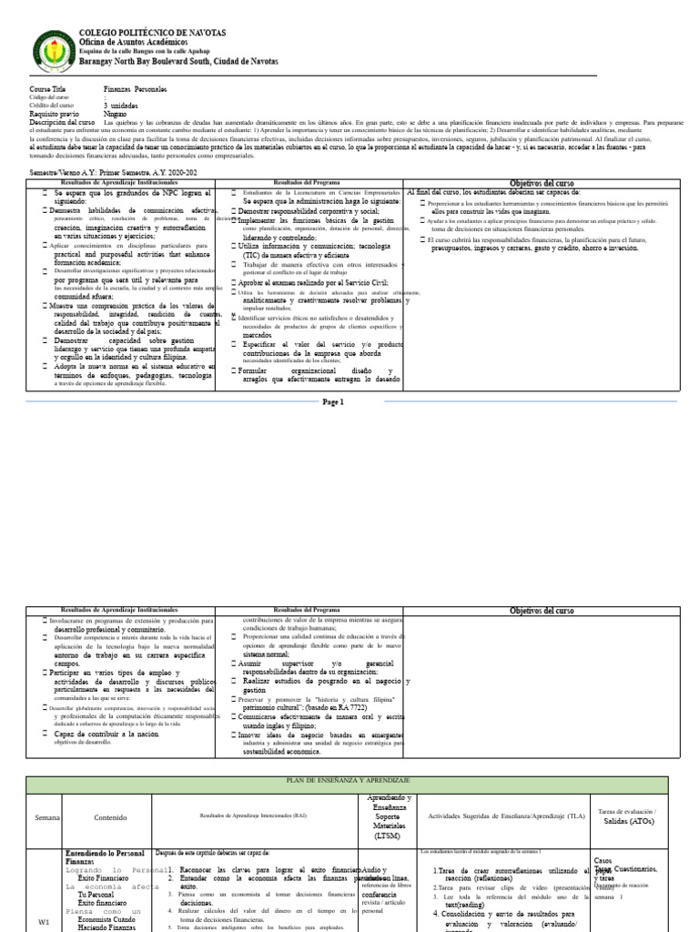 Finanzas Personales_-_Sílabo (1) (Maricar) NUEVO | PDF | Finanzas personales | Presupuesto