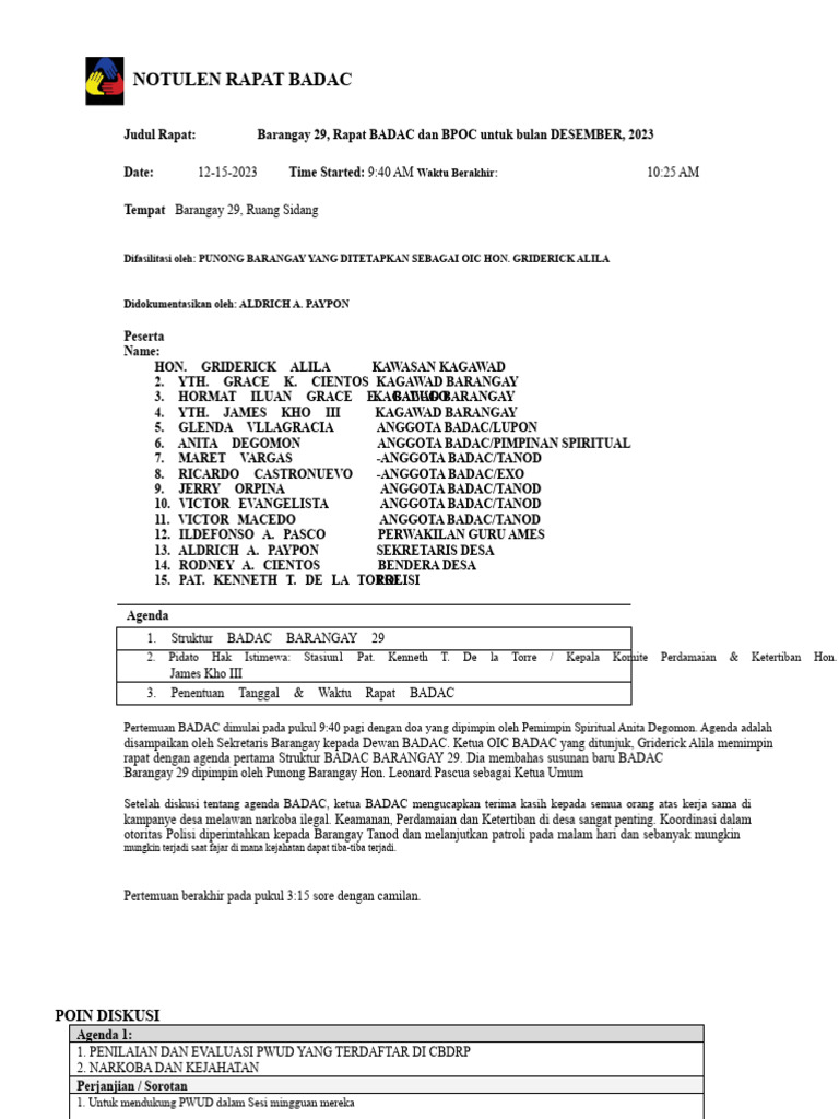 Notulen Rapat BADAC Januari 2024 | PDF