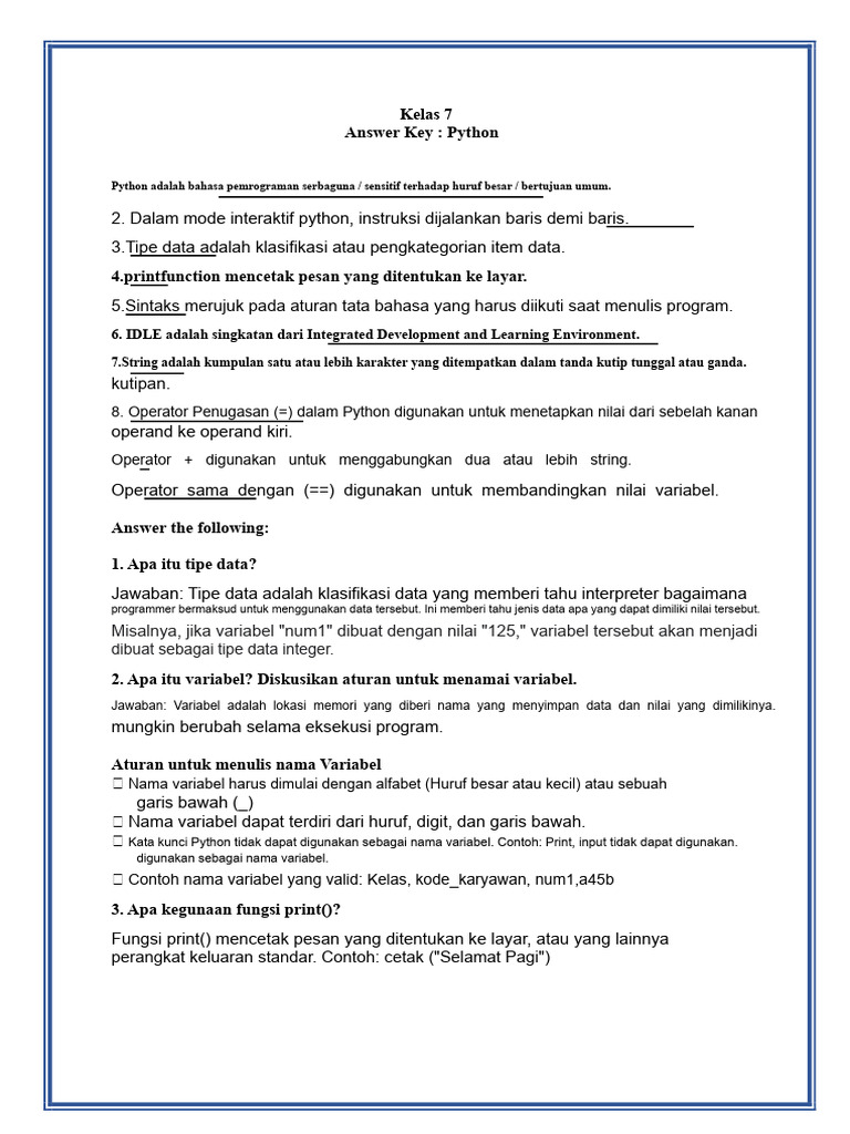Kunci Jawaban Kelas 7 Python | PDF