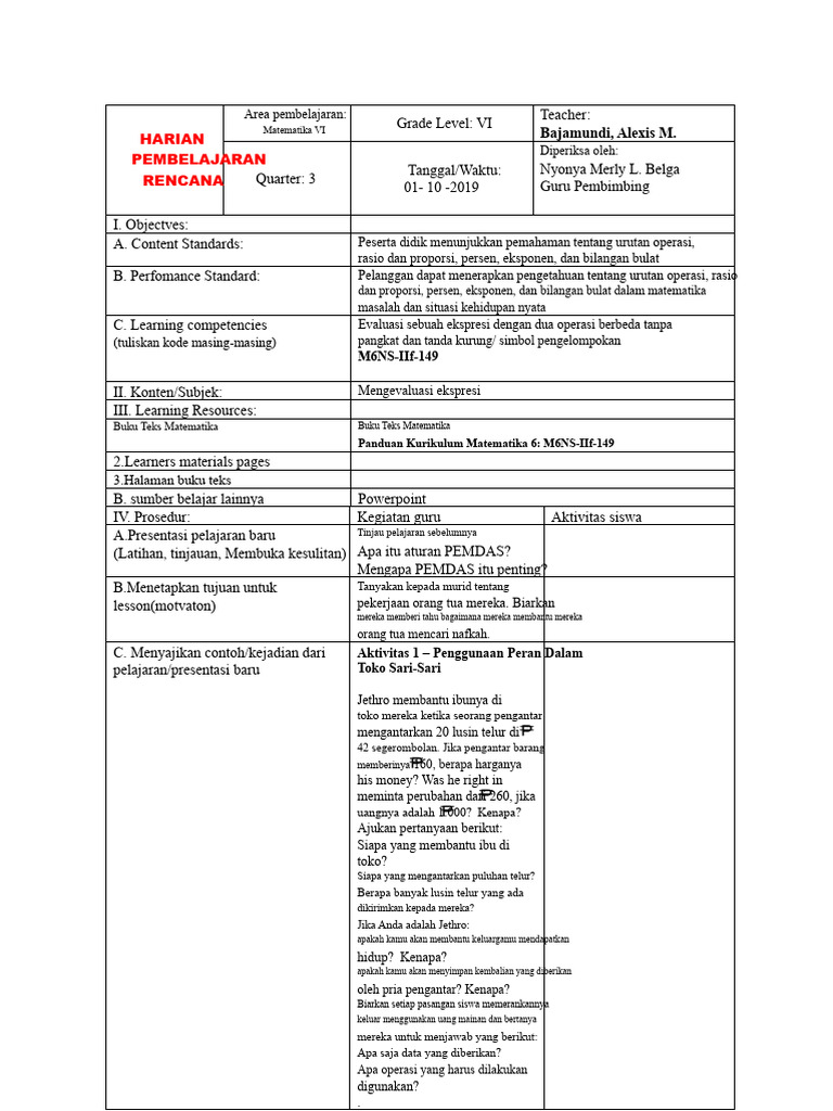 DLP MATEMATIKA Hari 4 01-10-19 | PDF