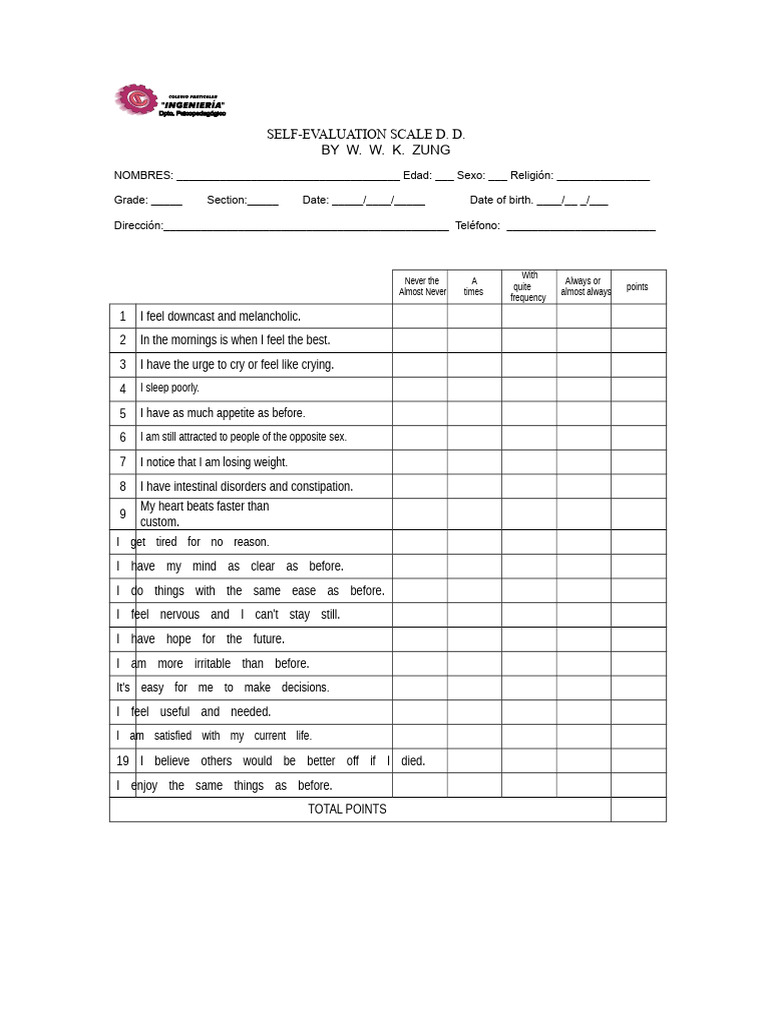 Zung Depression and Anxiety Scale Test | PDF | Major Depressive ...