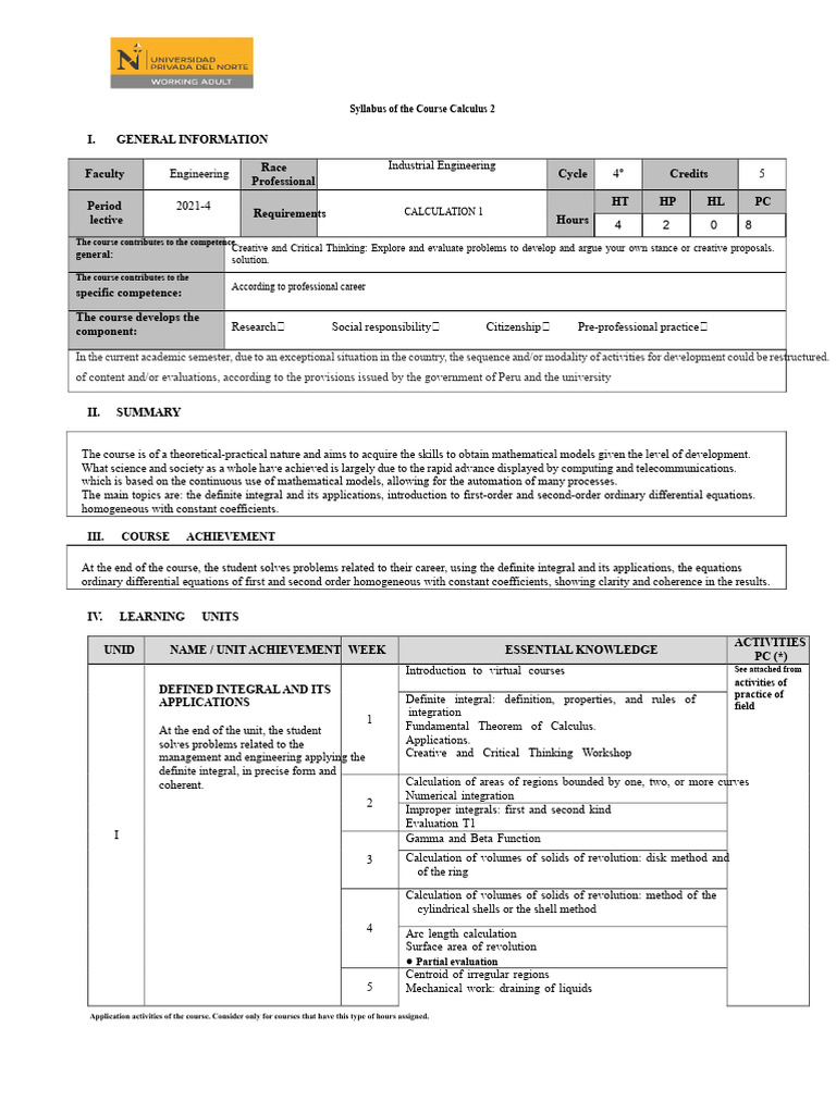 Calculus 2 Course Syllabus Overview | PDF | Integral | Ordinary ...