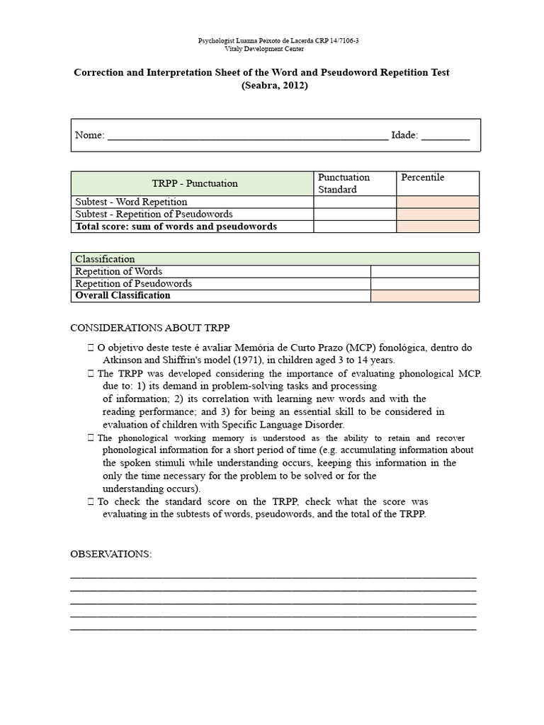 Correction and Interpretation Sheet - Word and Pseudoword Repetition ...