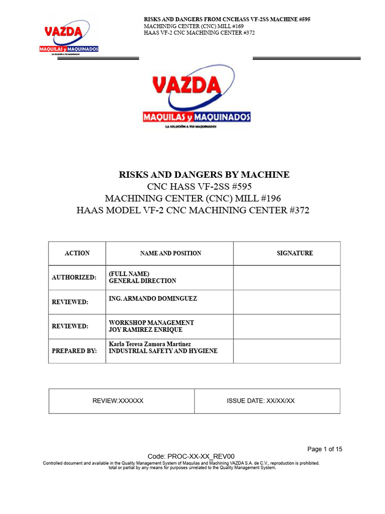 RISKS AND DANGERS CNC CNC | PDF | Machining | Personal Protective Equipment