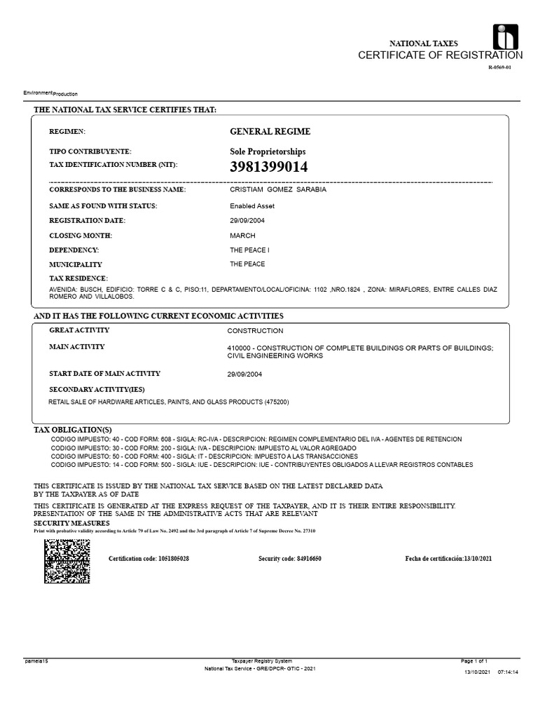CERTIFICATE OF REGISTRATION NIT | PDF | Taxes | Value Added Tax