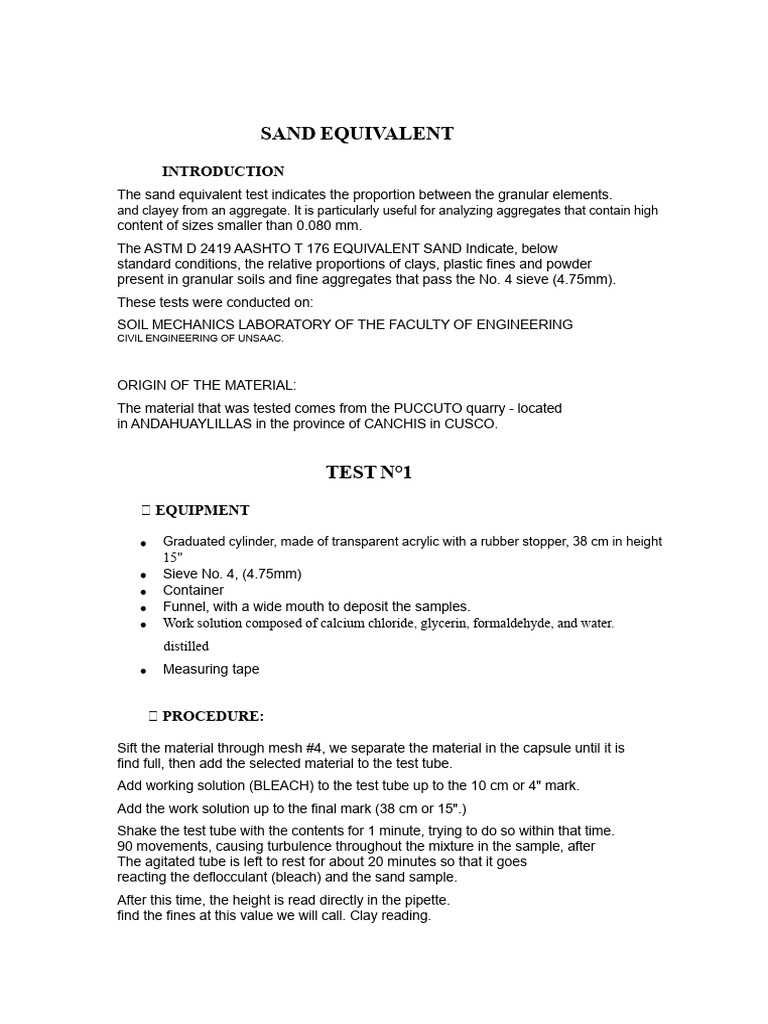 Sand Equivalent Test for Aggregate Analysis | PDF | Concrete | Sand