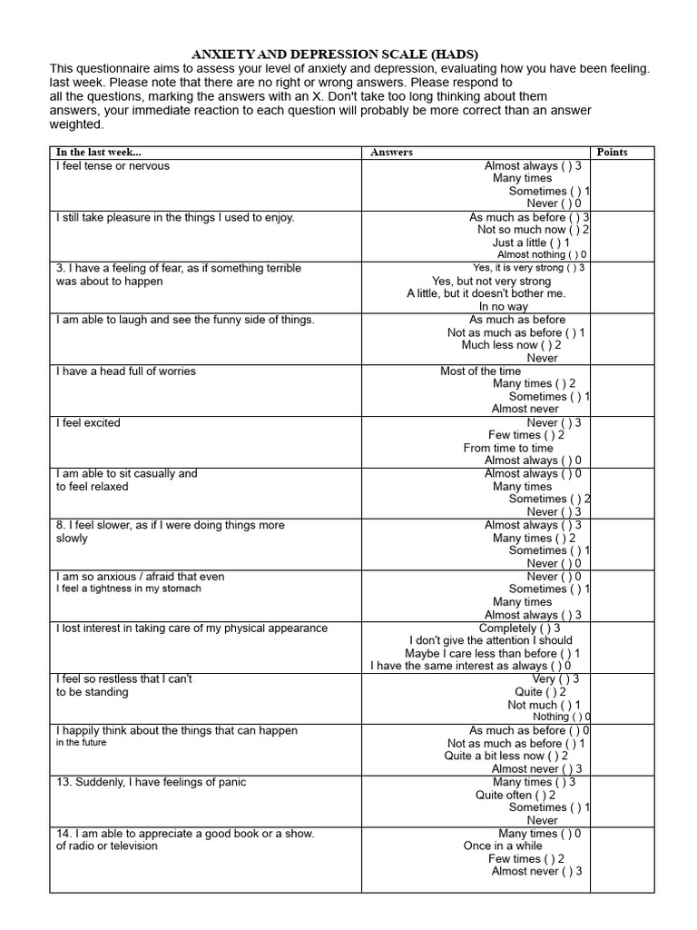 HADS Questionnaire for Anxiety and Depression | PDF | Anxiety | Major ...