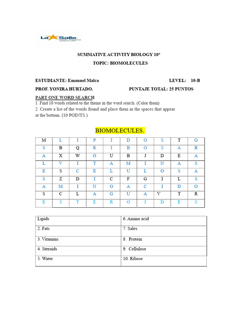 Biology 10: Biomolecules Activity Guide | PDF