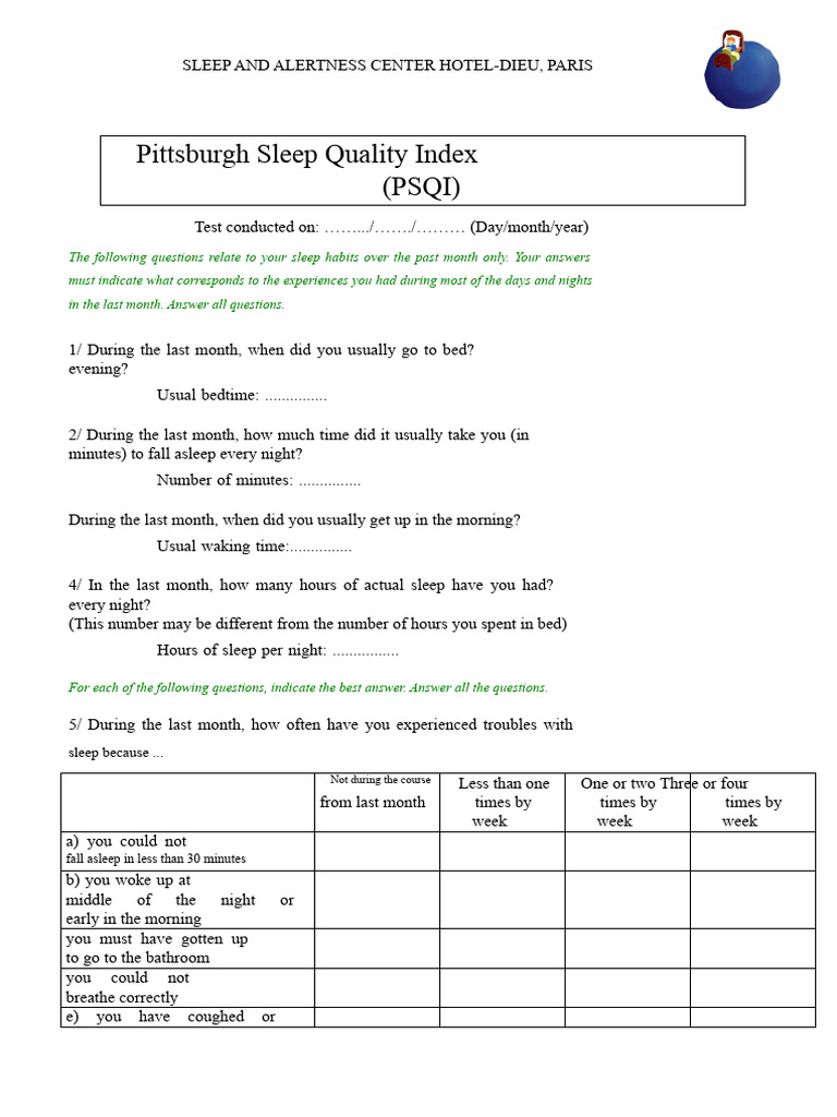 PSQI Sleep Quality Assessment Form | PDF | Sleep | Human Diseases And ...