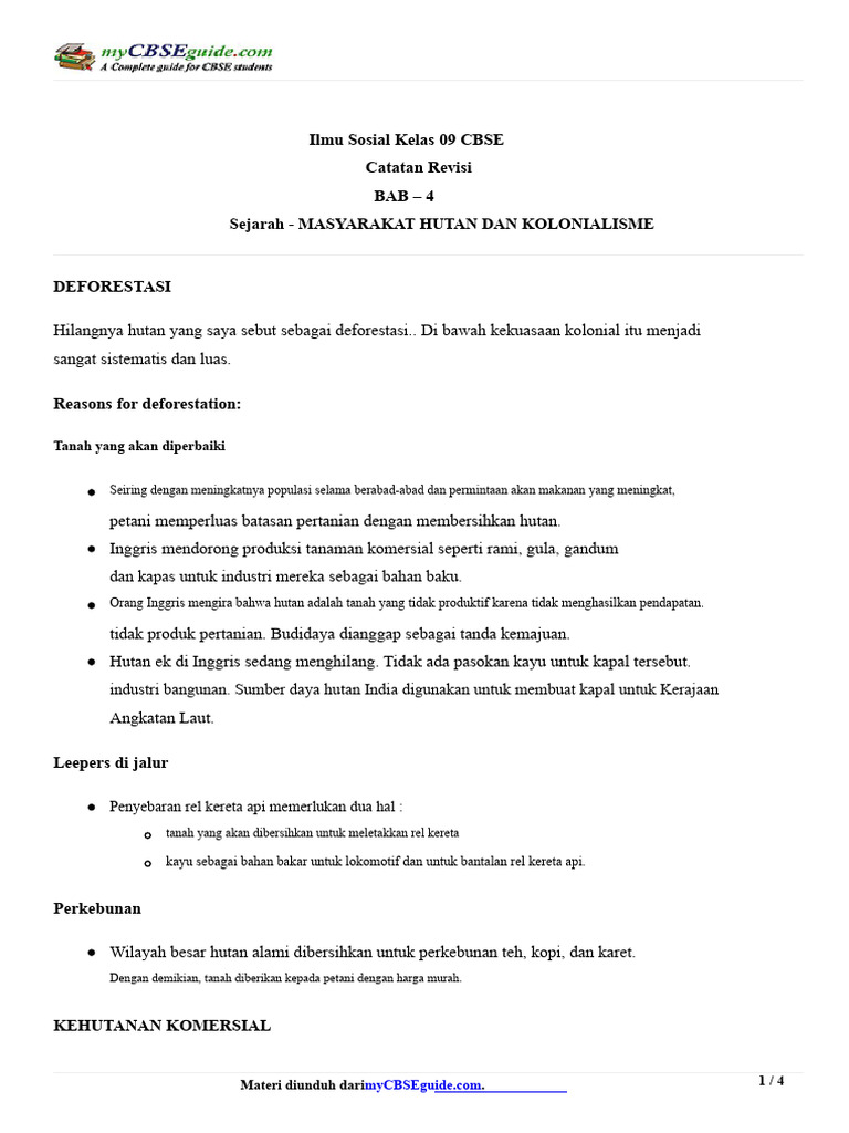 09 Catatan Kunci Ilmu Sosial Sejarah ch4 Hutan Masyarakat Dan Kolonialisme PDF | PDF