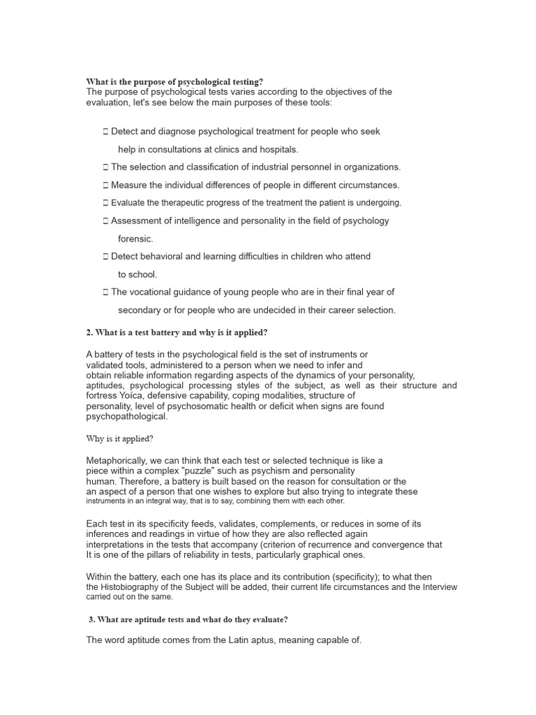 Purpose of Psychological Tests | PDF | Psychology | Psychological Testing