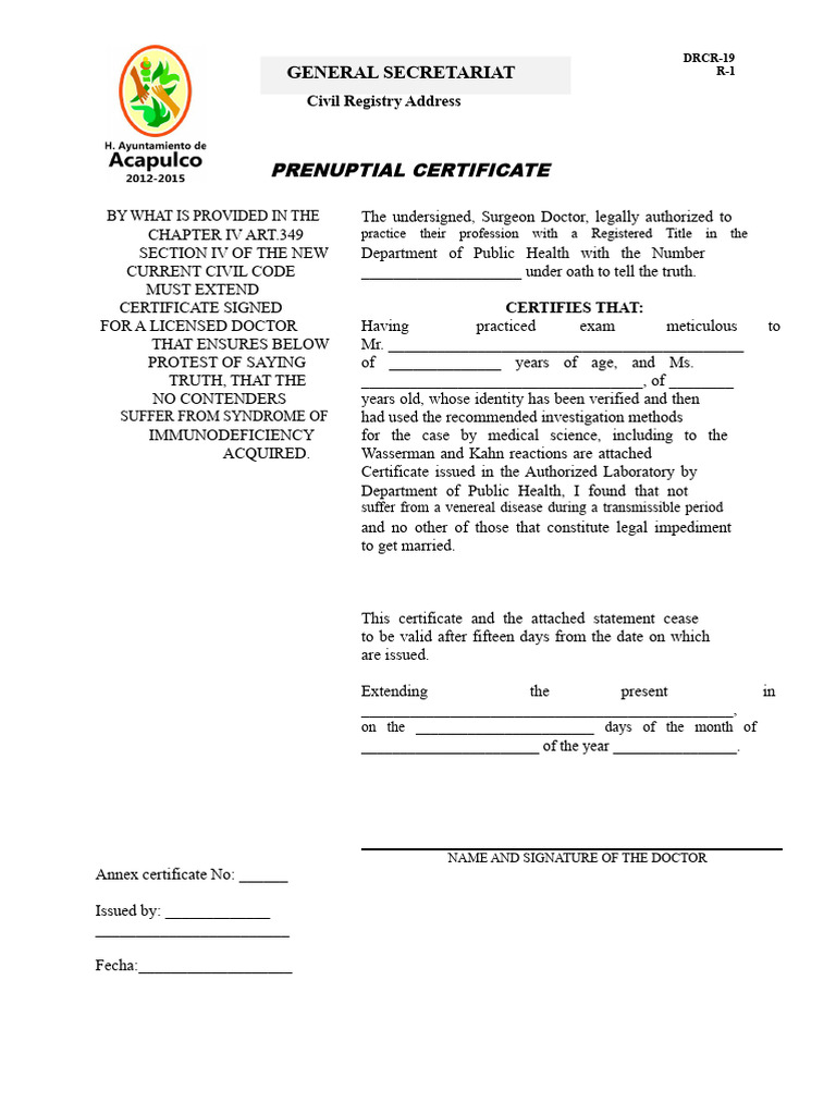 Prenuptial Certificate of Civil Registry | PDF | Physician | Health ...
