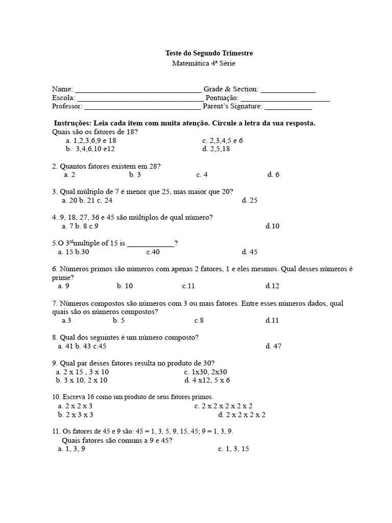 Teste de Matemática 4ª Série: Fatores e Frações | PDF | Número primo ...