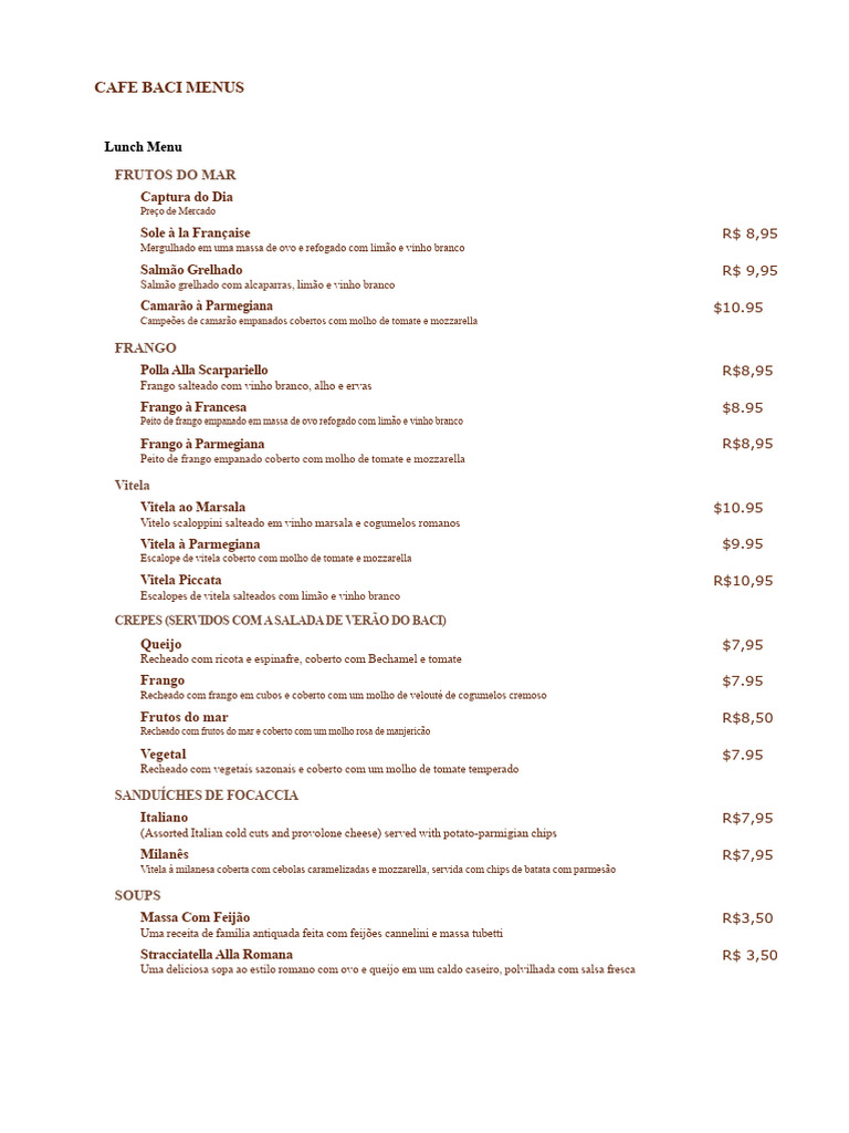 Menus do Café Baci: Almoço e Jantar | PDF | Creme (gastronomia) | Caldo