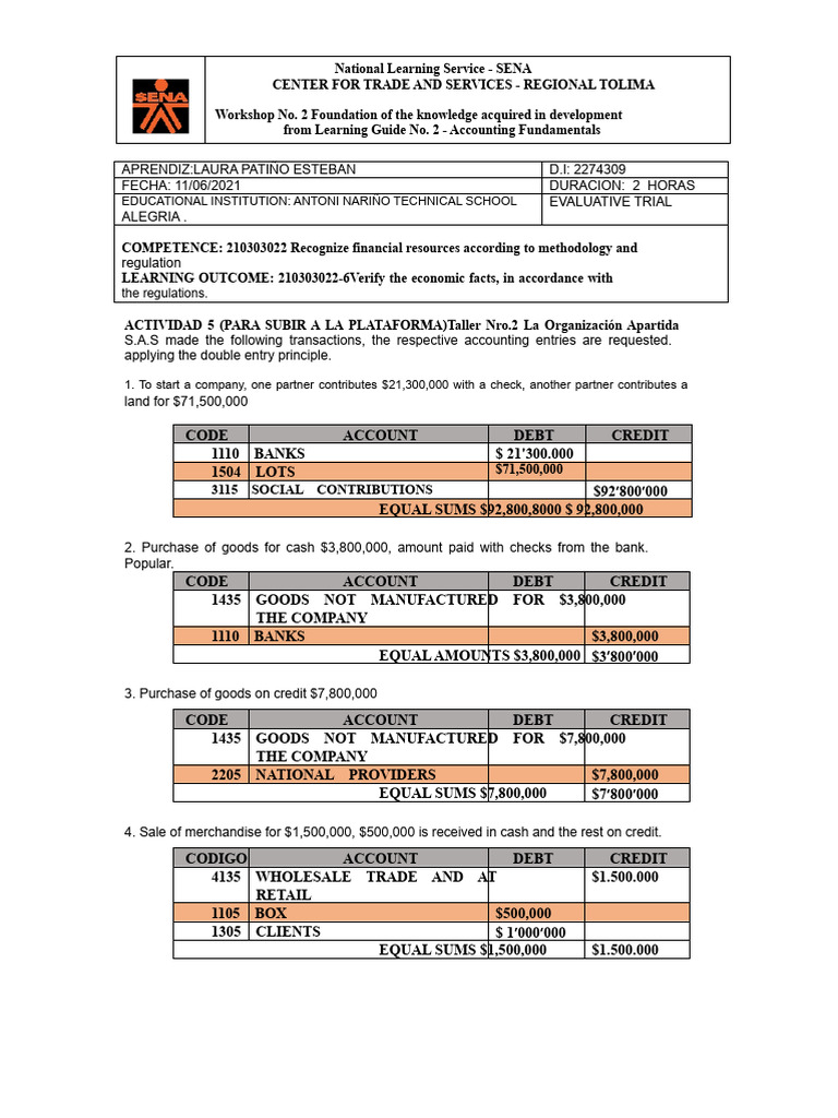 Workshop No 2 Accounting Activity 5 - Apprentice Laura Patiño | PDF ...