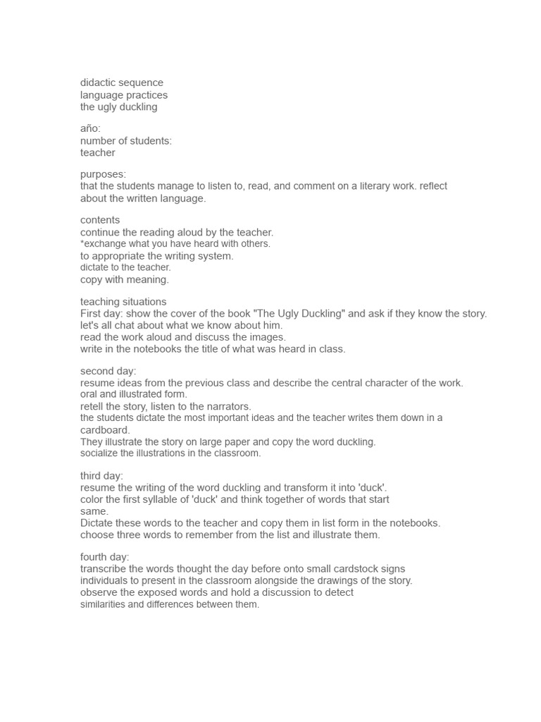 Didactic Sequence UGLY DUCKLING | PDF