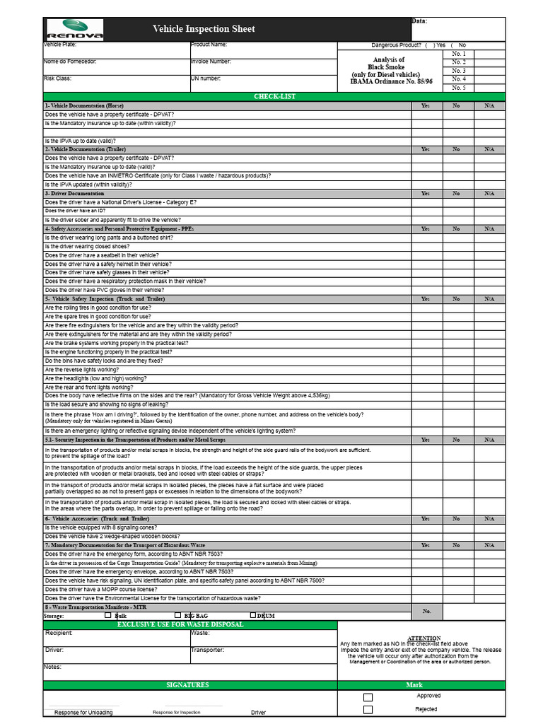 Vehicle Inspection Checklist for Compliance | PDF | Vehicles | Waste