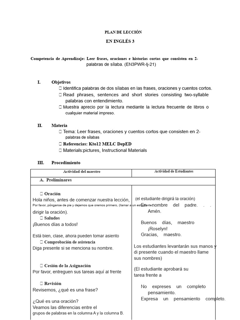 Lección de Lectura: Palabras de Dos Sílabas | PDF | Sílaba
