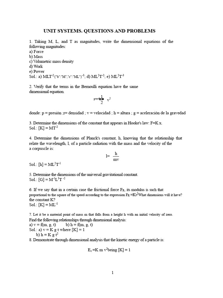 Physics. 2nd Year of High School. Dimensional Analysis. Problems With Solutions. | PDF | Mass ...