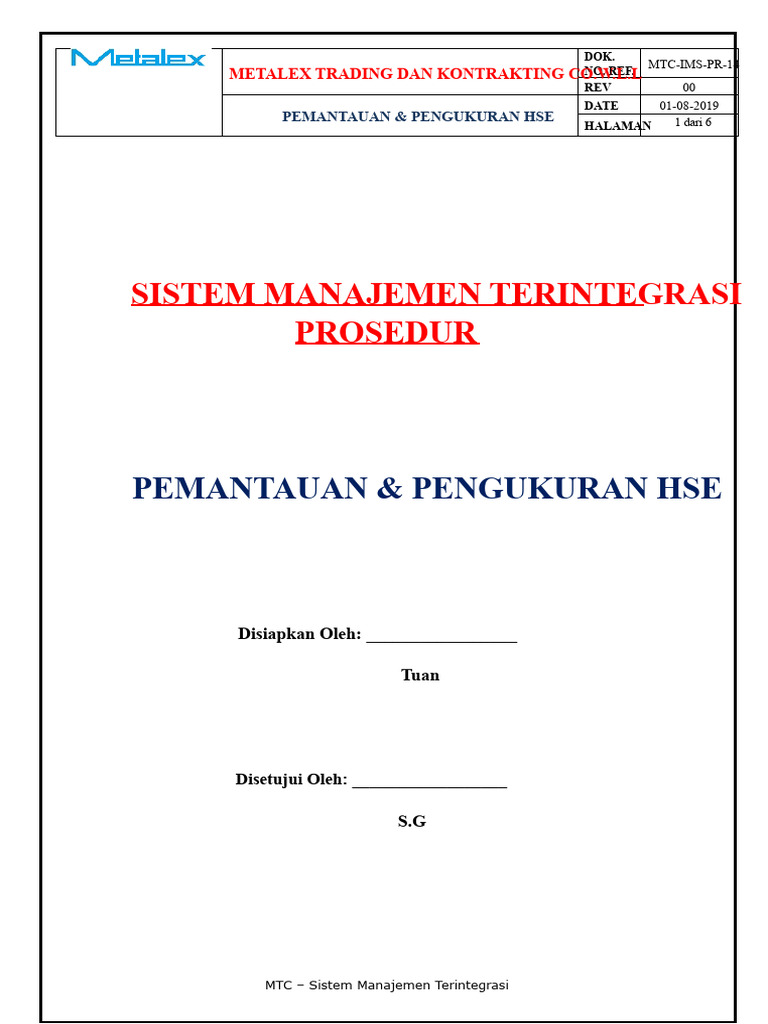 MTC-IMS-PR-14-Prosedur Untuk Pemantauan & Pengukuran HSE | PDF